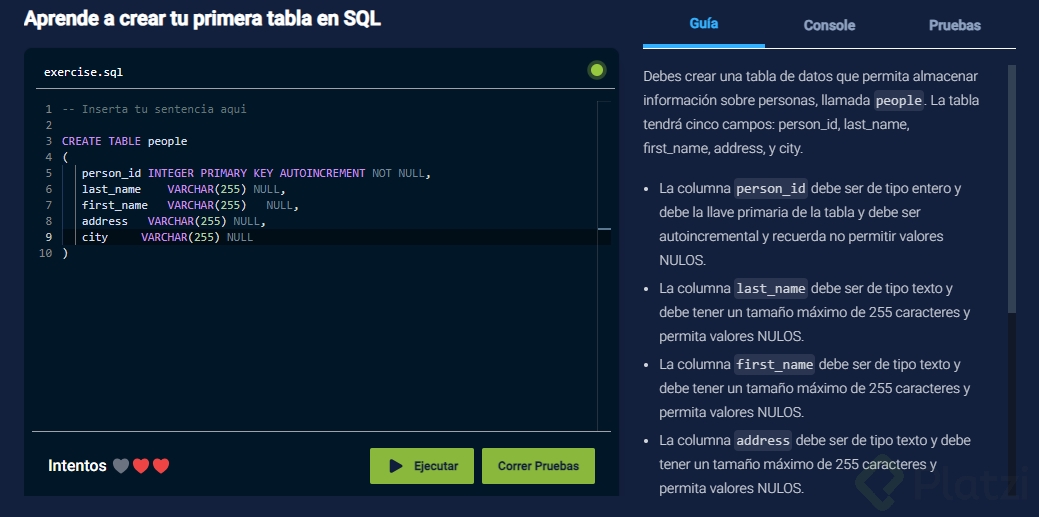 Playground: CREATE TABLE - Platzi
